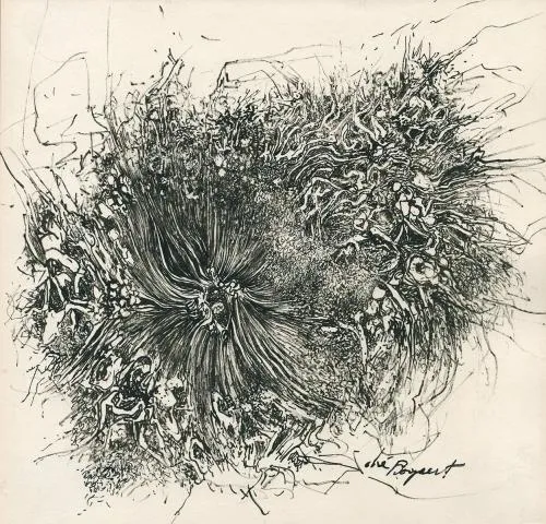 André Bogaert met een abstract kunstwerkje op papier