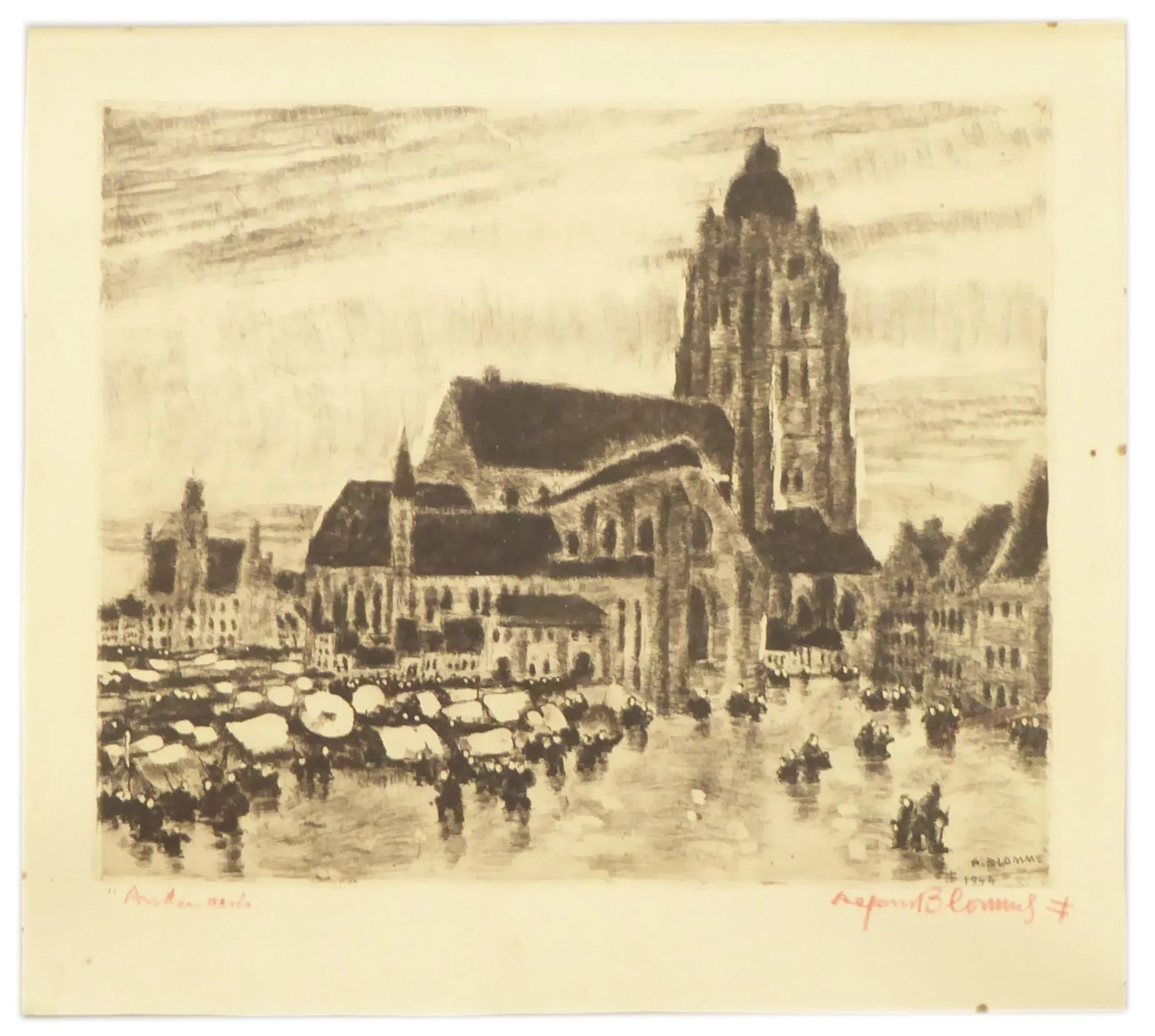 Ets van Alfons Blomme uit 1944 van een kerk in Oudenaarde