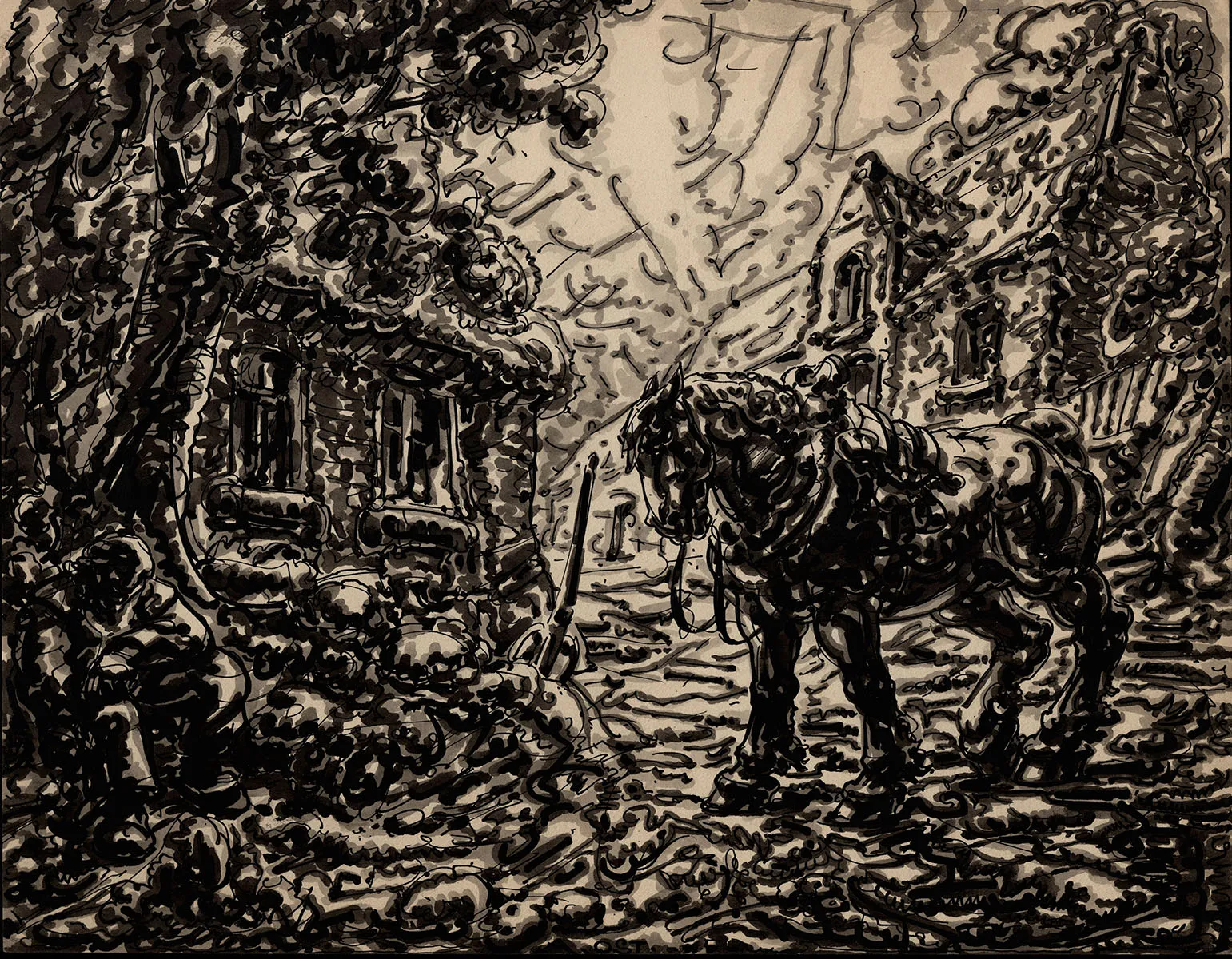 Gesigneerde pentekening van de Belgische kunstenaar Alfred Ost kopen