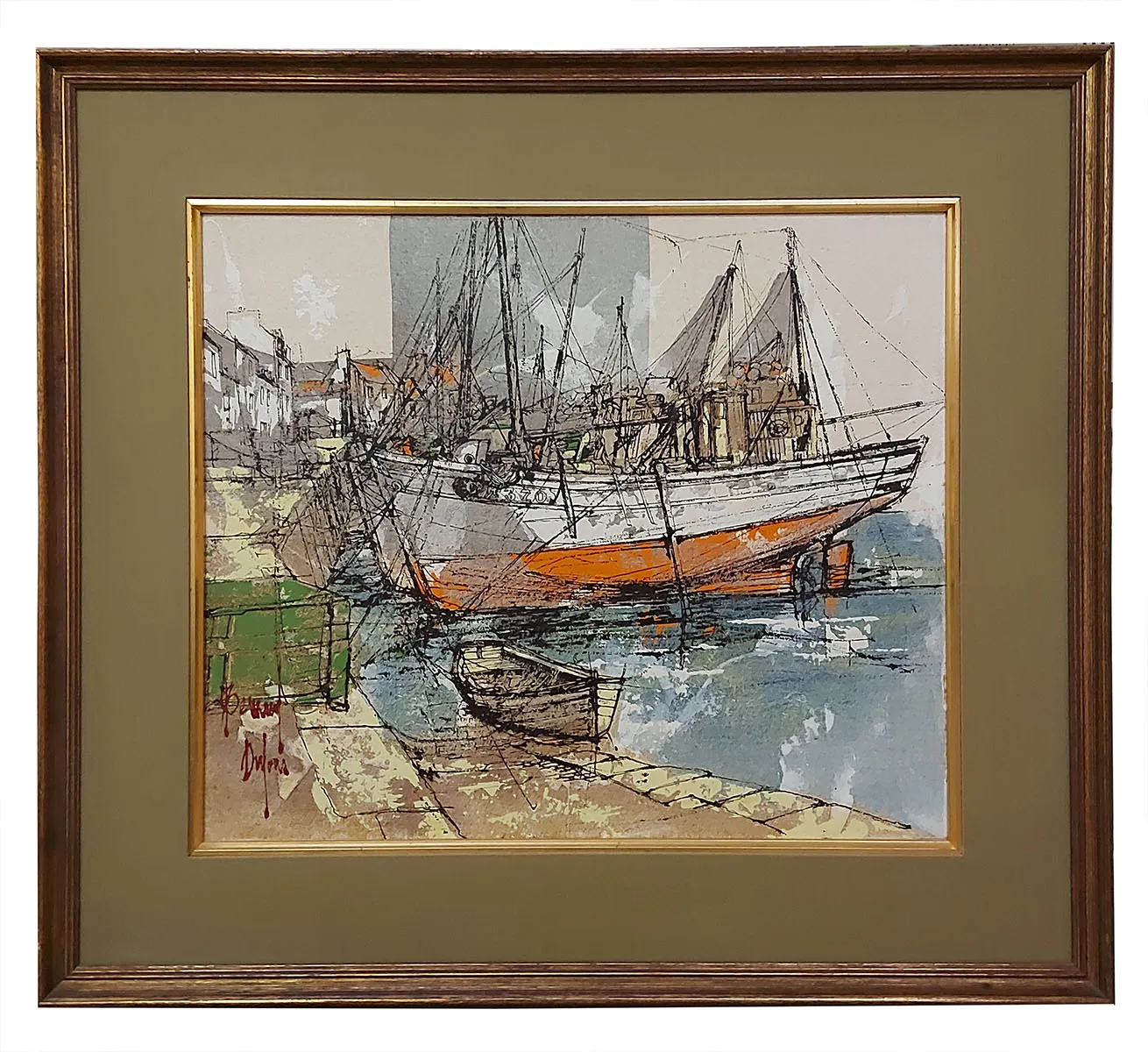 Painting boats in the harbor by the French painter Bernard Dufour