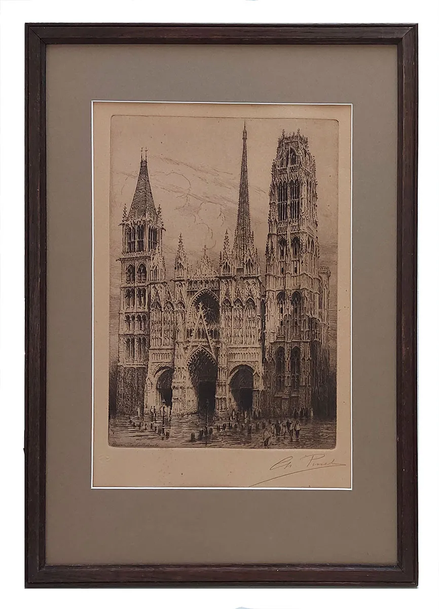 Etching by the French artist Charles Pinet Rouen Cathedral