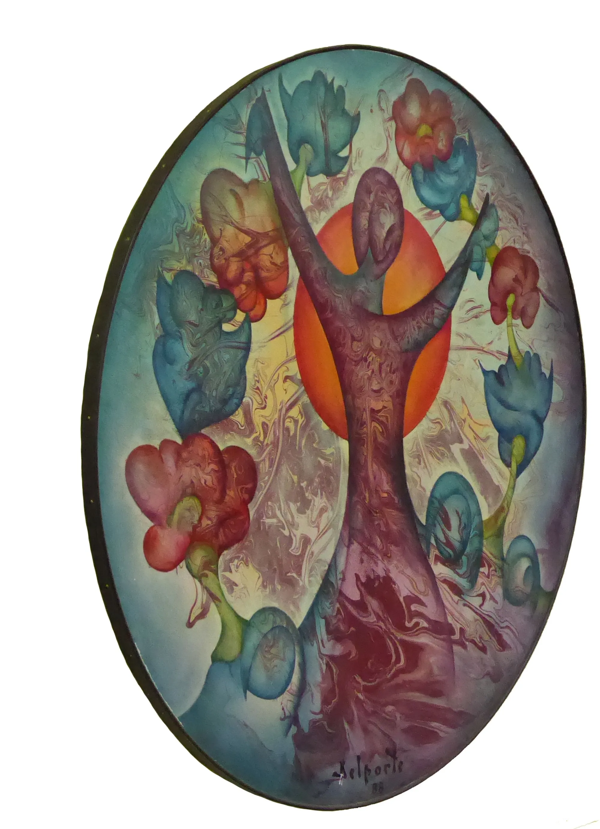 Schilderij door Charles Delporte, olieverf rond paneel, bloemen