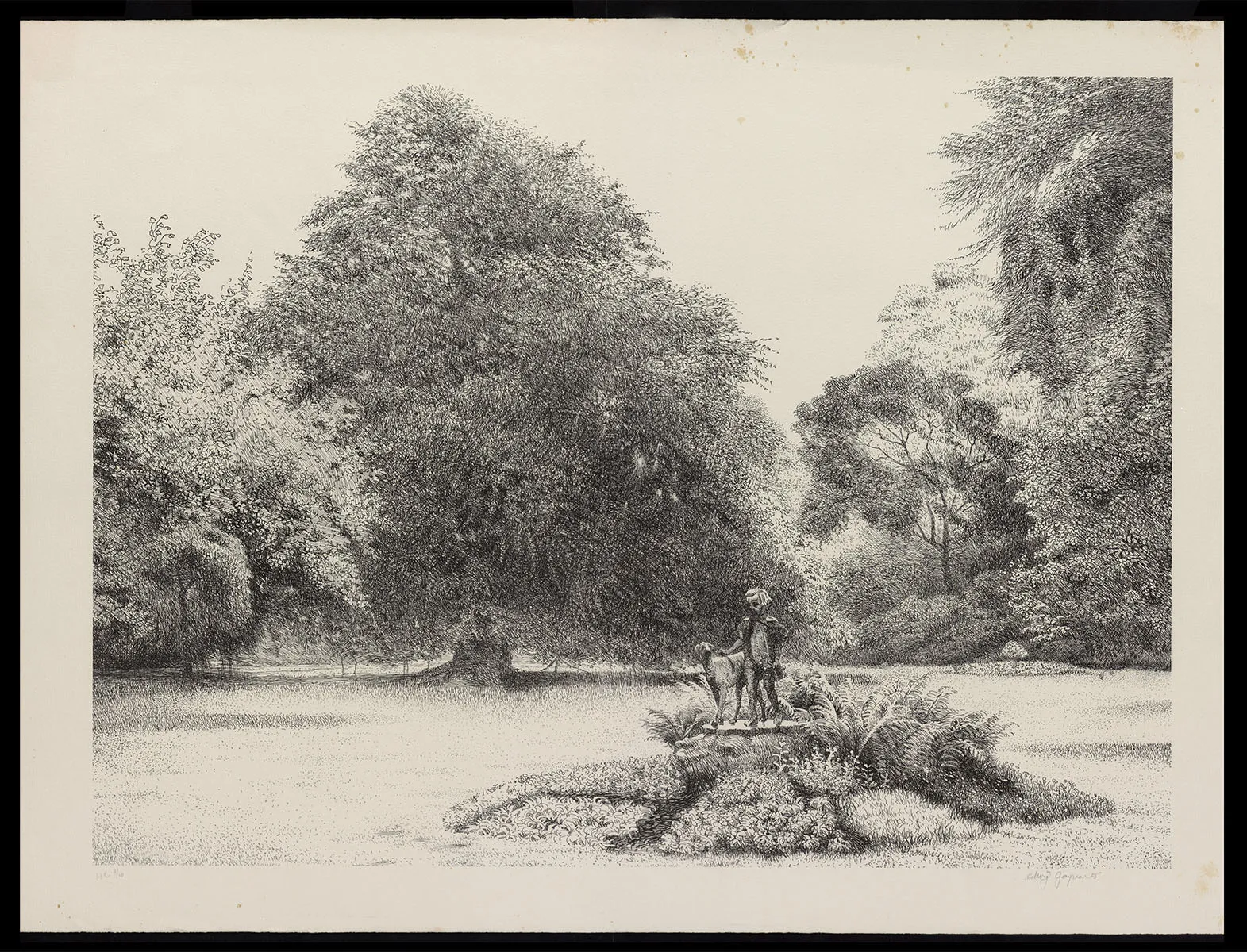 Edwig Goyvaerts Standbeeld kind met hond in in de Mechelse Kruidtuin