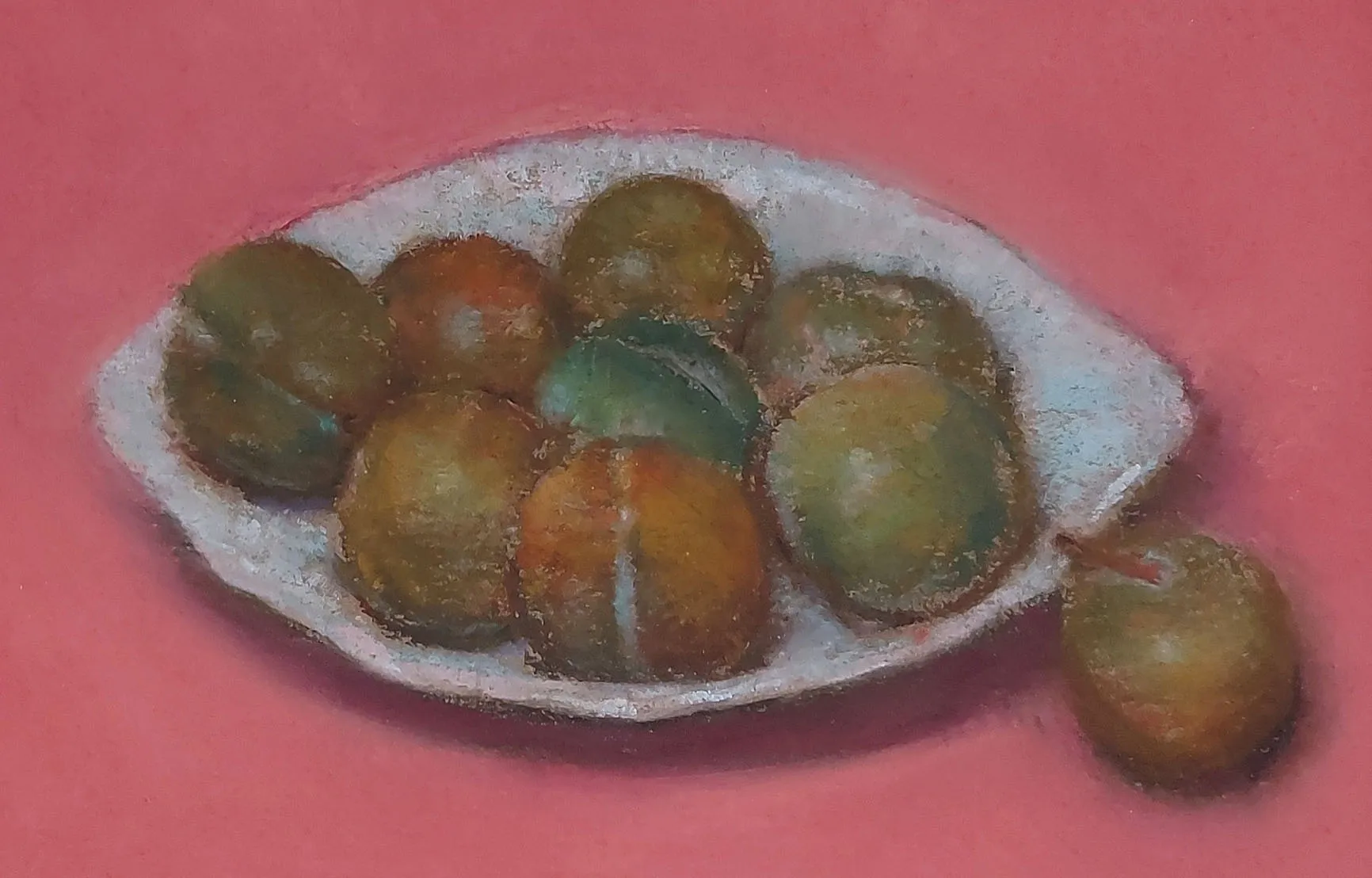 Pastel drawing by Franck Mortelmans, plums or Reine-Claudes