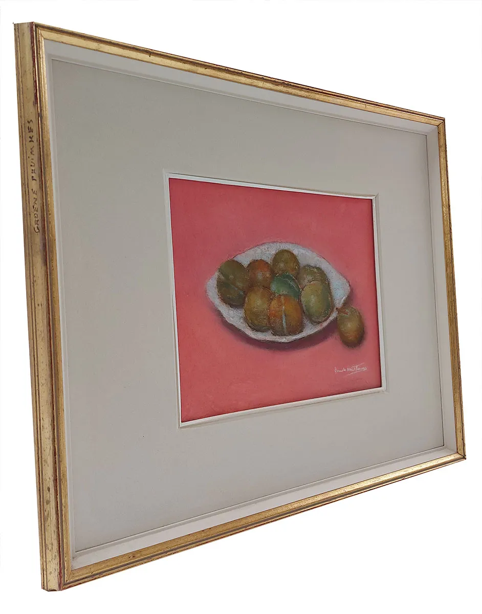 Pastel drawing by Franck Mortelmans, plums or Reine-Claudes