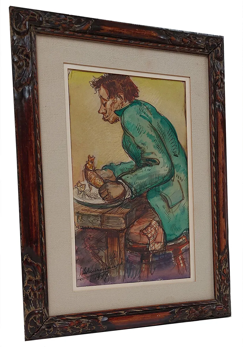 De Belgische kunstenaar Gaston Schuermans met een aquarel uit 1947
