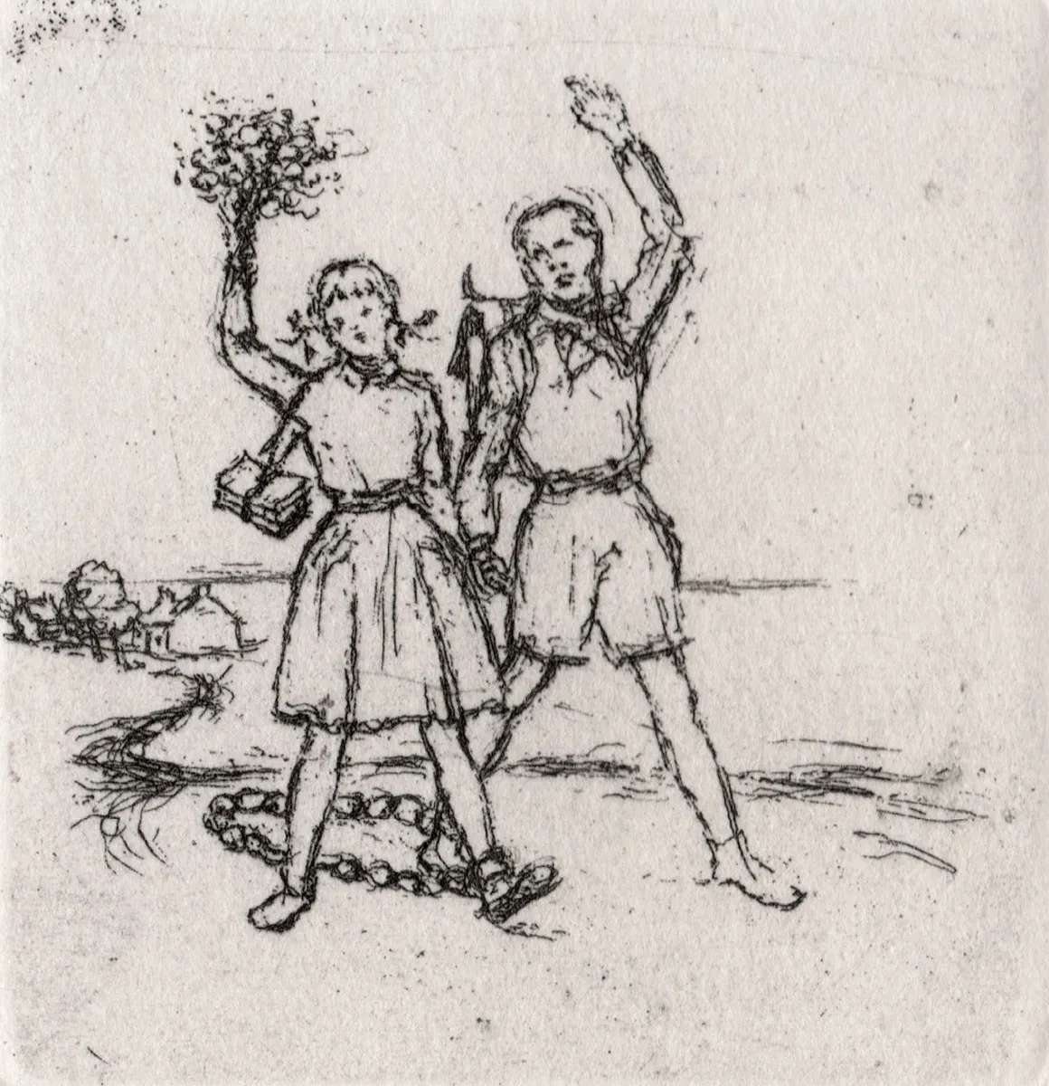 Kleine ets met twee vrolijke kinderen die door J. Gorus werd geëtst