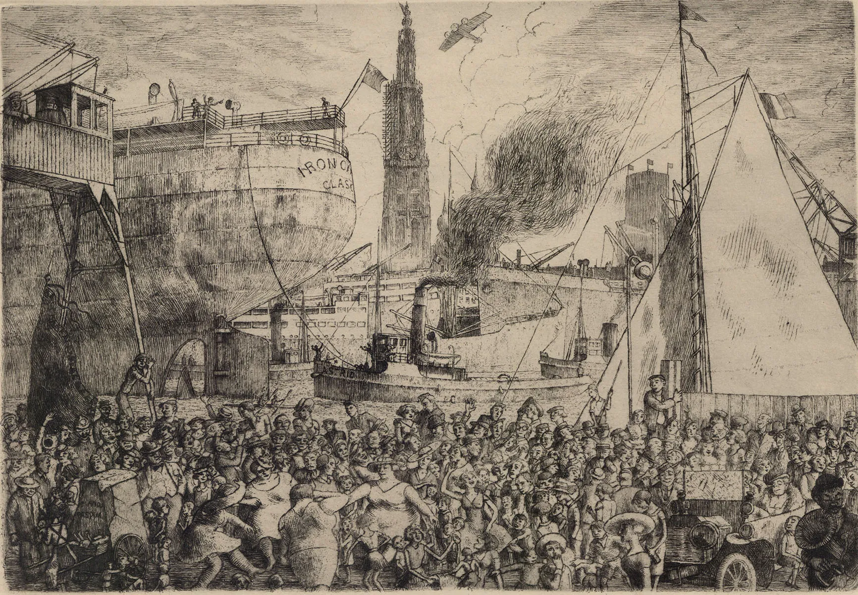 Etching, the Overzetter in Antwerp by Jacques Gorus etched in 1925
