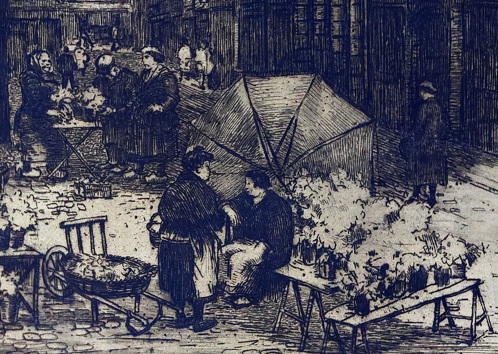 Etching of the flower market in Brussels by Jean Van Cleemput