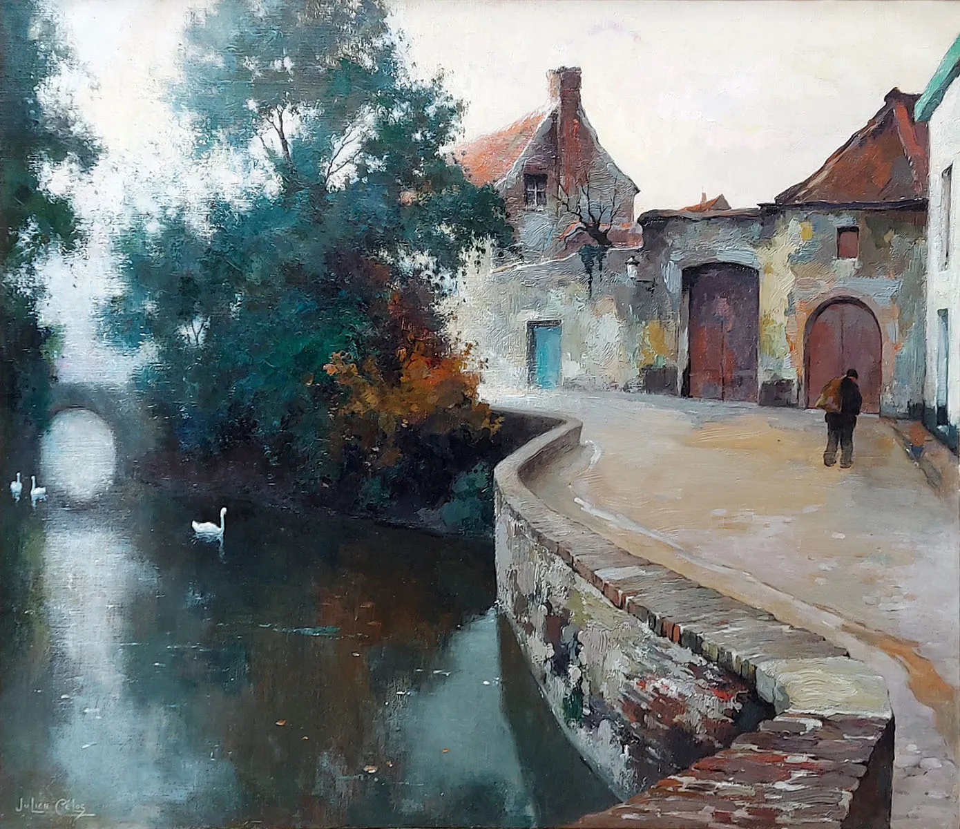 Groot schilderij van Brugge geschilderd door Julien Célos