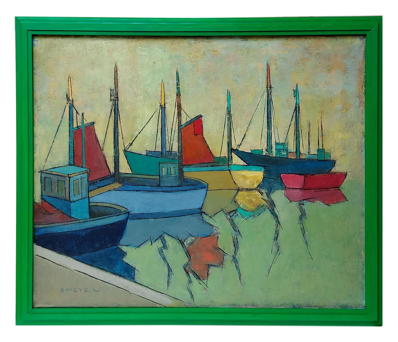 Constructivist linear painting with boats by Leon Smets