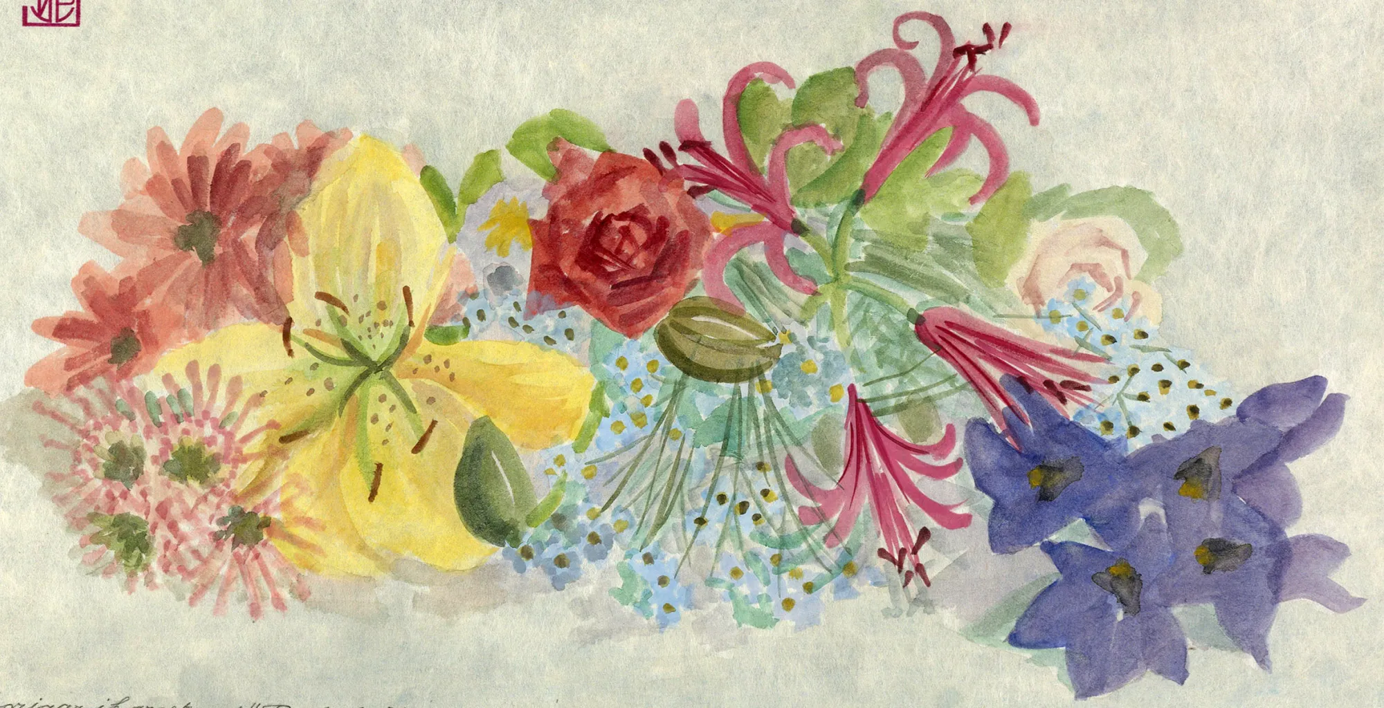 Paul Van Dessel avec une aquarelle aux fleurs de 1985