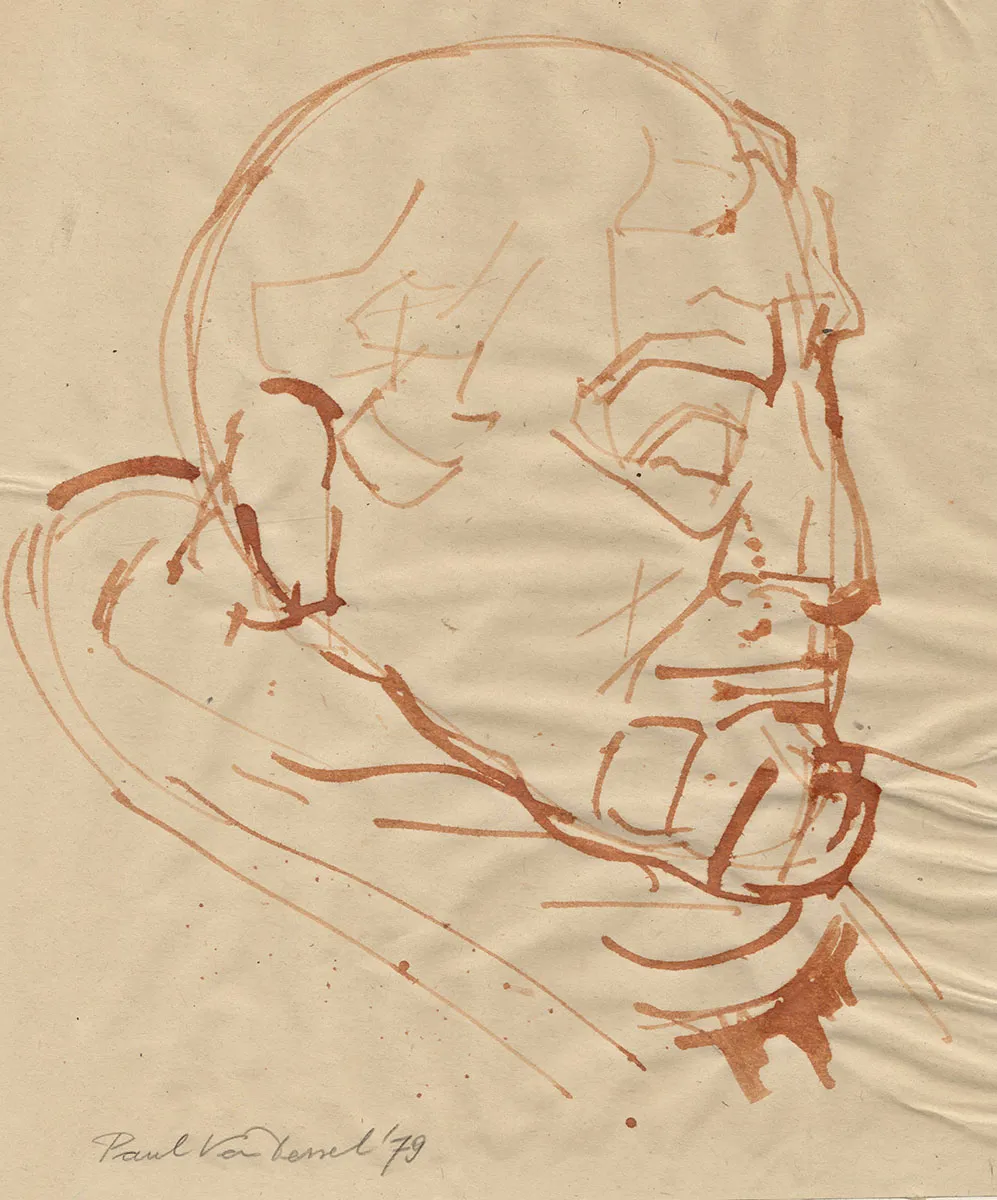 Pen drawing of male head 1979 by Antwerp artist Paul Van Dessel