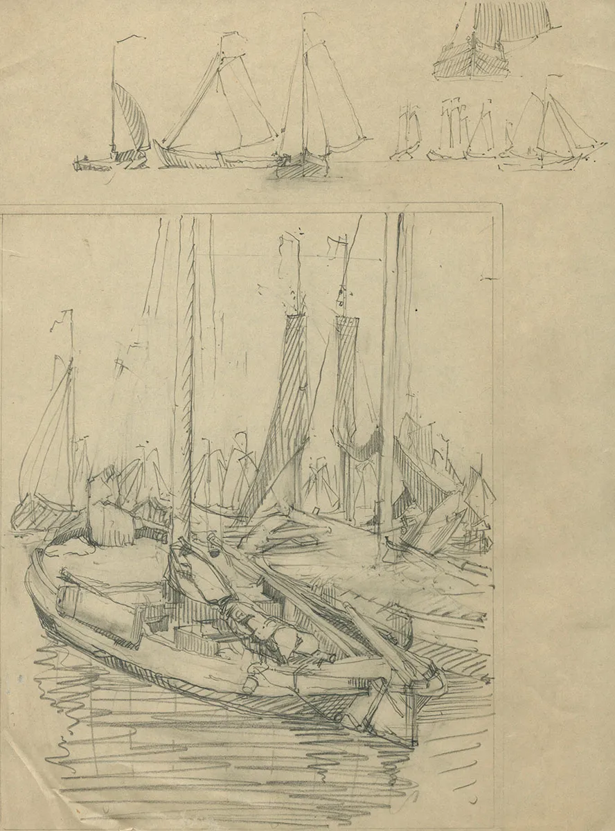 Schetsen van bootjes door de etser Rodolphe Schönberg