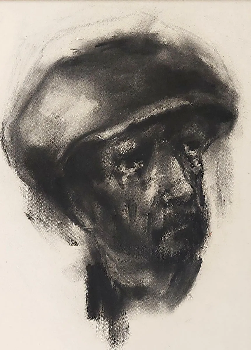 Un dessin au fusain et pastel rouge, techniques mixtes de l'artiste ...