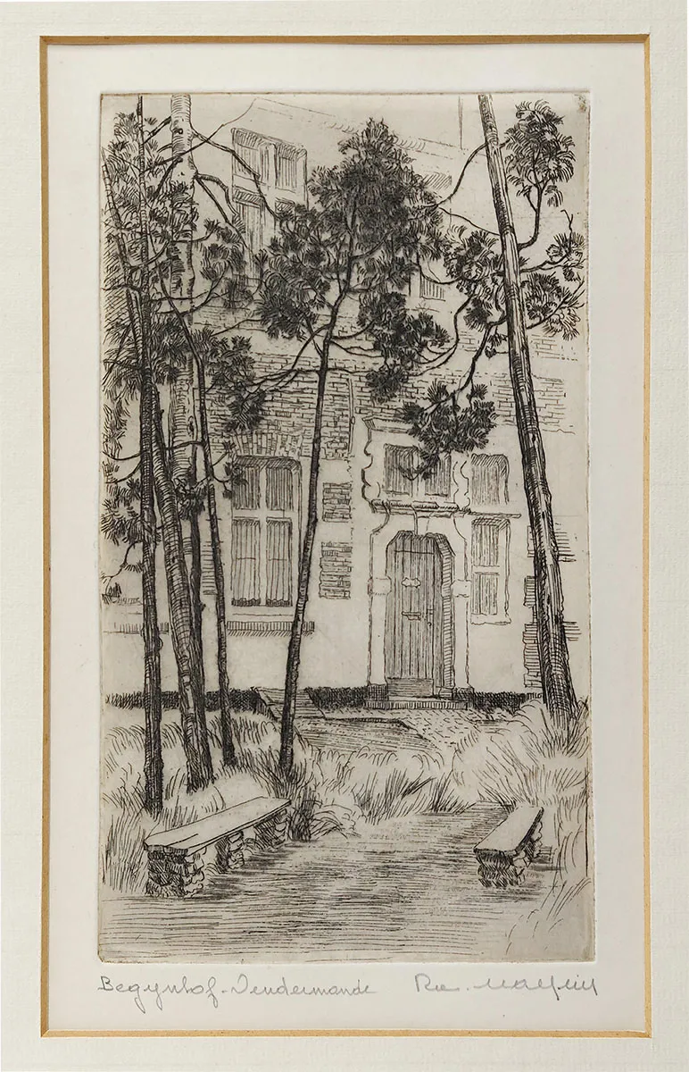 Begijnhof Dendermonde , ets van de Belgische etser Romain Malfliet