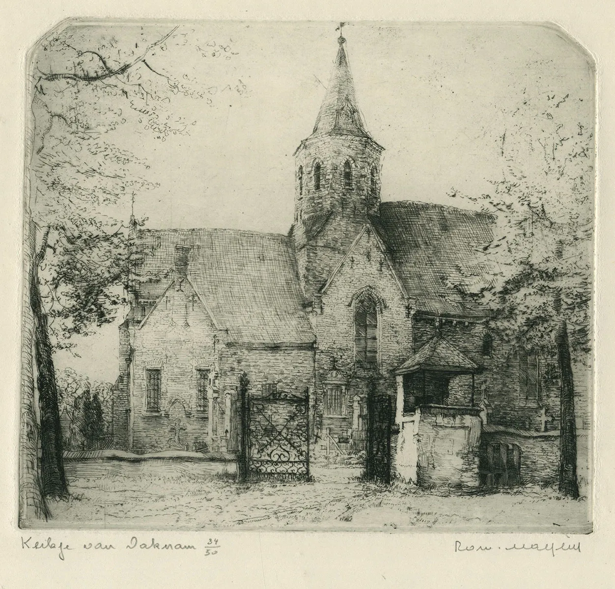 Kerk Daknam, ets kopen van de Belgische etser Romain Malfliet