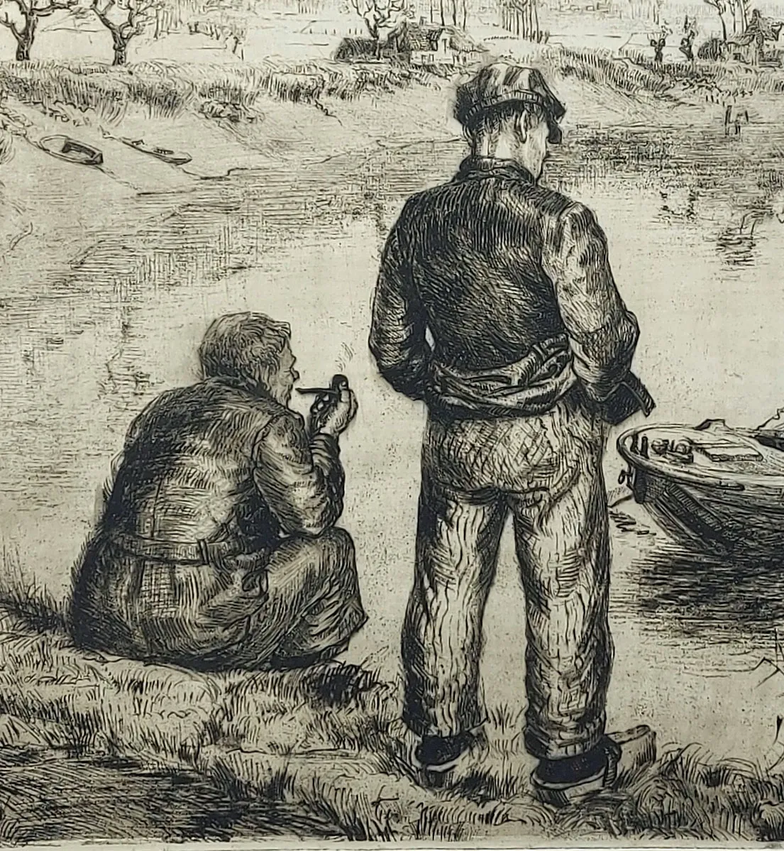 Cross net fisherman, etching by the Belgian etcher Romain Malfliet