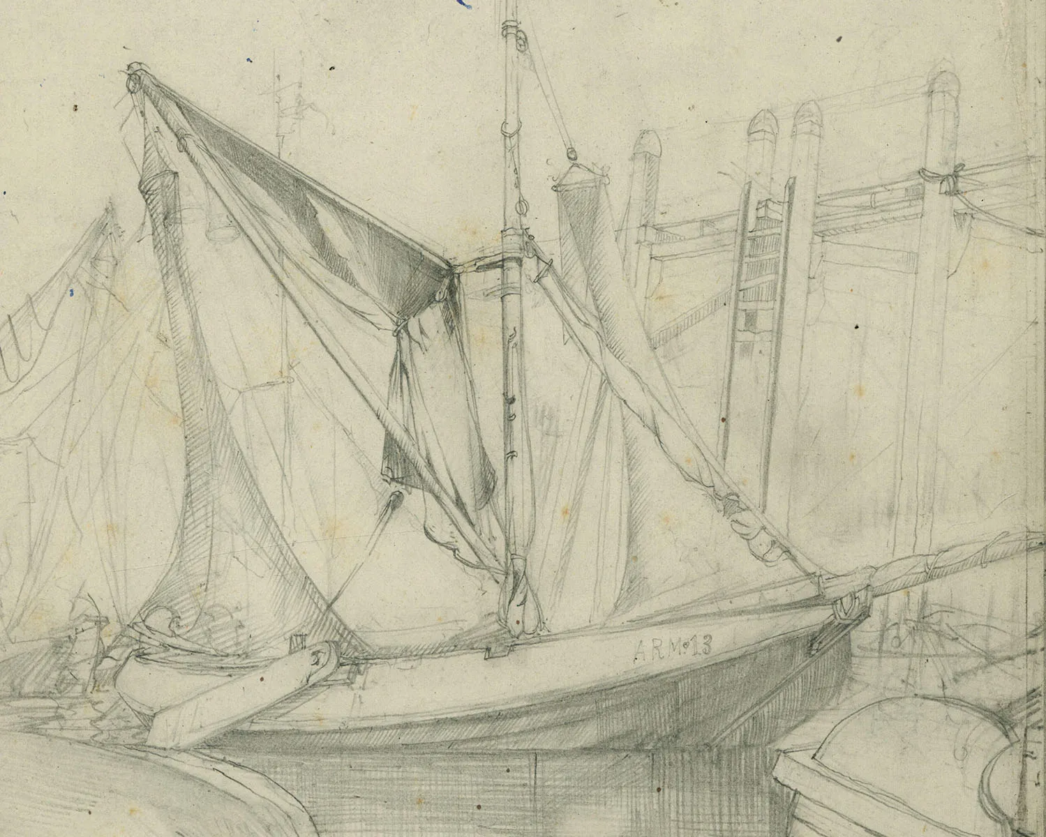Potloodtekening, schets van een boot door de etser Rodolphe Schönberg
