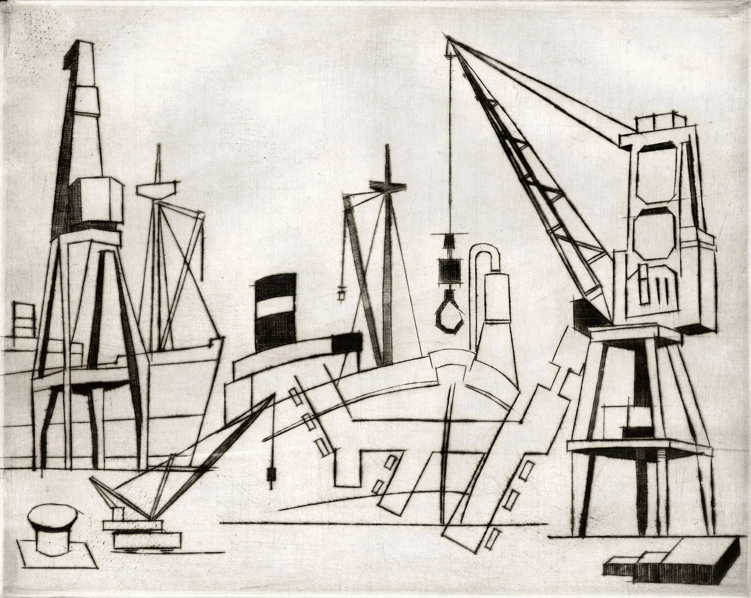 Buy etching, boats and cranes by the artist Leon Smets