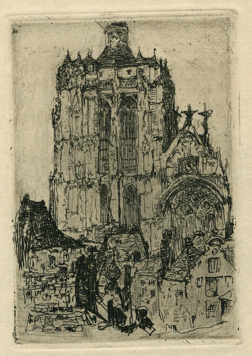 Etching of a church by W. Vaes from 1905