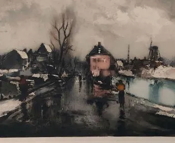Buy lithograph by Roger Hebbelinck, water pump in beguinage