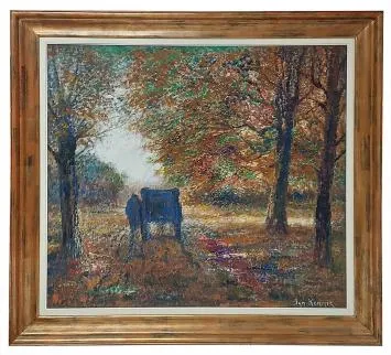 De Mechelse kunstschilder Ignace Kennis met een olieverfschilderij