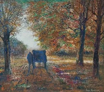 De Mechelse kunstschilder Ignace Kennis met een olieverfschilderij