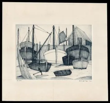 Etching with boats by the Mechelen artist Leon Smets