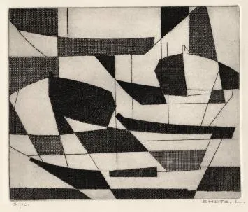 Abstracte ets, boten geëtst door de graficus Léon Smets