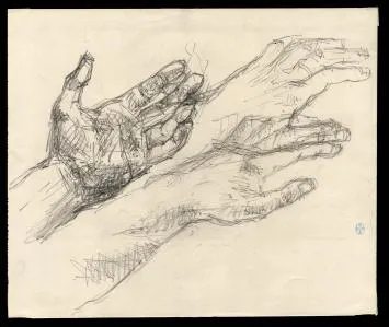 Schets van een enkele handen van de tekenaar Lucien van der Borcht