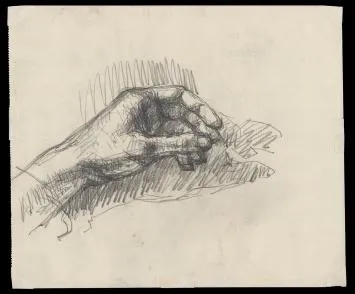 Schets van een vragende hand van de tekenaar Lucien van der Borcht