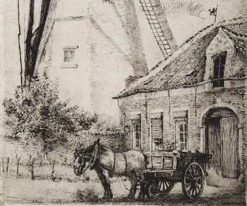 White mill, etching by the Belgian etcher Romain Malfliet