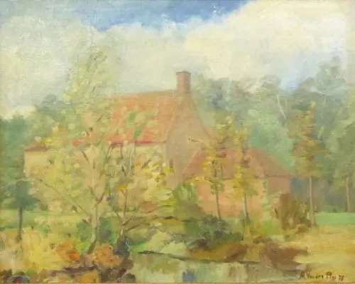 M. van den plas met schilderij huis aan het ven