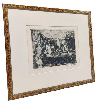 Ingekaderde gesigneerde ets van de Belgische kunstenares Maria Segers
