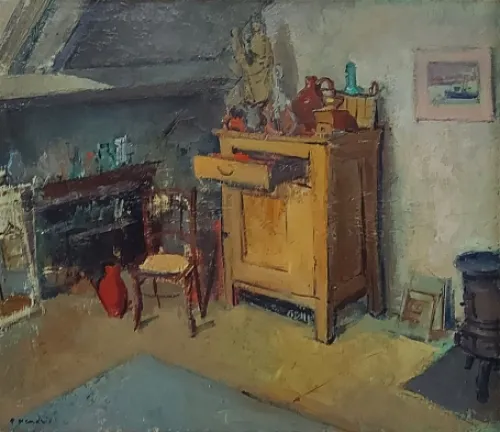 Interior of an attic room painted by Pierre Hendrix
