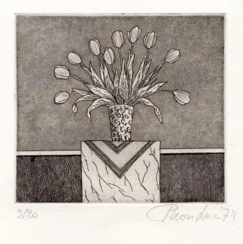 Belgian graphic artist Luc Piron with a small etching from 1974