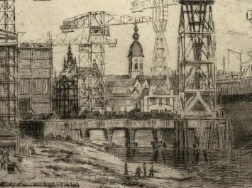 An etching of the Boelwerf in Temse, etched by Romain Malfliet